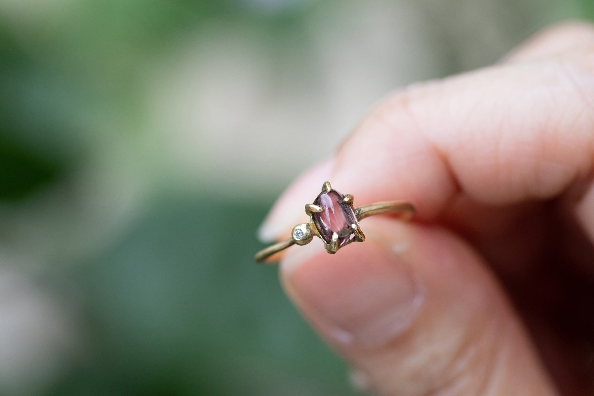 Dark Pink Sapphire Ring with One Diamond (18k) – ileava jewelry Dark Pink Sapphire Ring with One Diamond (18k) – ileava jewelry